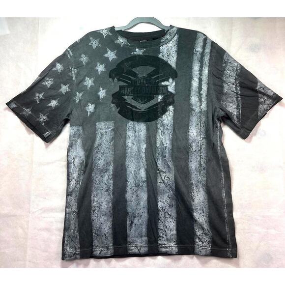 Harley-Davidson | Shirts | Vintage Harley Davidson Mens L Black Faded Flag All Over Print ...